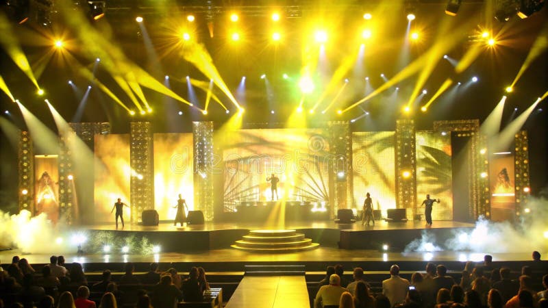 A Concert Stage with a Large Screen, Lighting, and Performers in Front ...