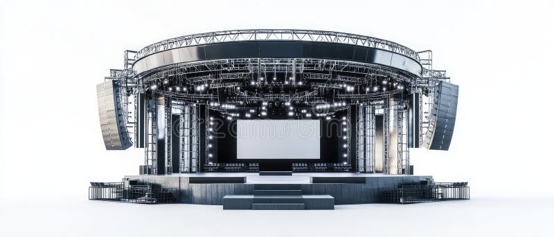 Concert Stage with Lights, Screens, and Sound System on a White ...