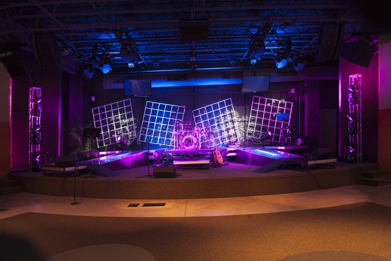 Concert Stage Lit and Ready Stock Photo - Image of lighting, monitor ...