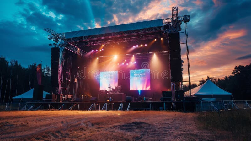 Concert Stage Setup at Dusk Stock Photo - Image of grass, lights: 322658002