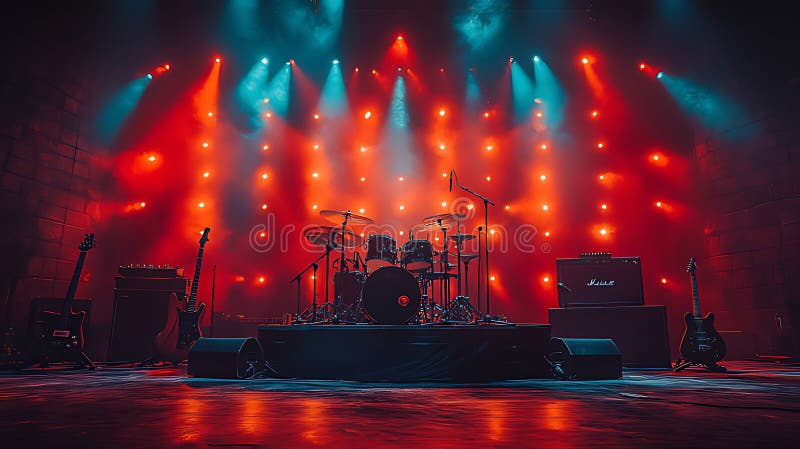 Concert Stage Setup with Drum Kit, Guitars, Amps, and Vibrant Red and ...
