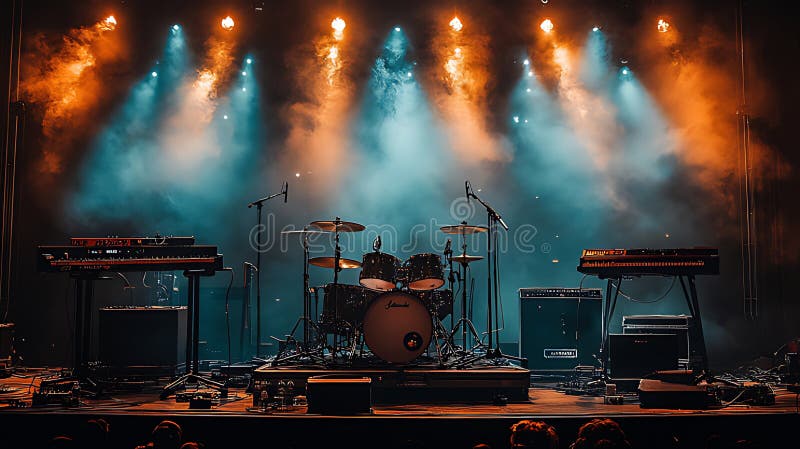 Concert Stage Setup with Drum Kit, Keyboards, and Lighting Stock ...