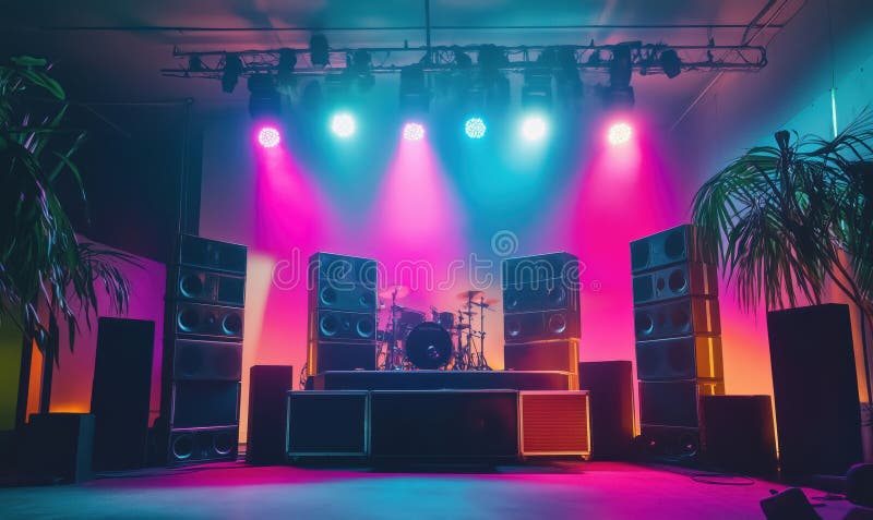 Concert Stage Setup with Speakers and Drum Kit, Vibrant Lighting ...