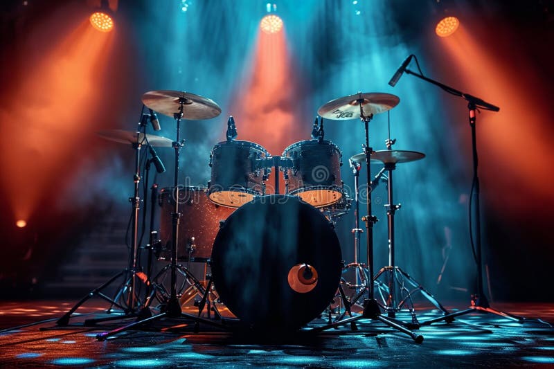 Concert Vibes Drum Set Showcased on Stage Under Dynamic Spotlights Stock Illustration ...