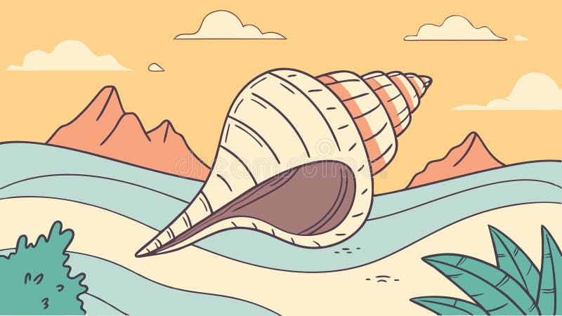 Conch Shell in Abstract Mountain Landscape with River, Vector Design ...