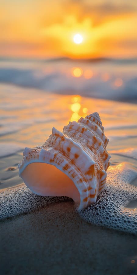 Conch Shell on Beach at Sunset with Ocean Waves and Golden Sunlight ...