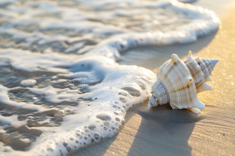 Conch Shell on Sandy Beach with Gentle Waves Stock Illustration ...