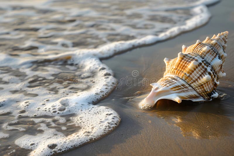 Conch Shell on Sandy Beach with Gentle Waves Stock Illustration ...