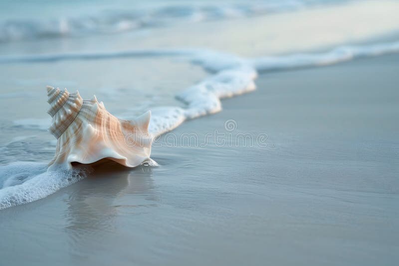 Tranquil Conch Shell on Beach with Gentle Waves Stock Illustration ...