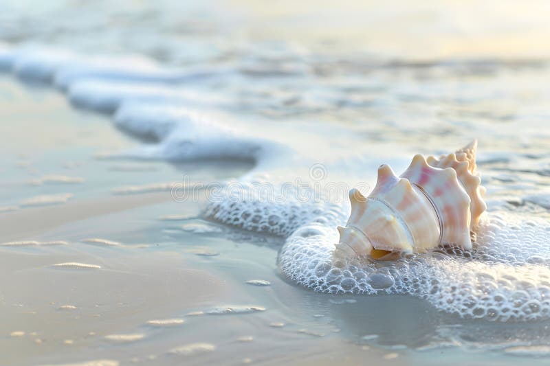 Tranquil Conch Shell on Beach with Gentle Waves Stock Illustration ...