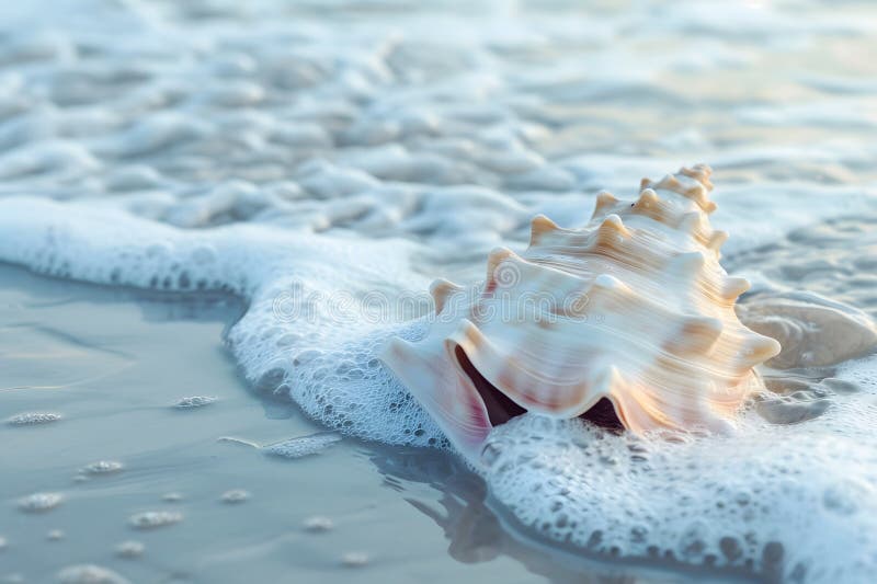 Conch Shell on Beach with Gently Lapping Waves Stock Illustration ...