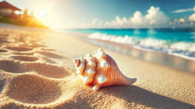 Conch Shell on Sandy Beach with Bright Sunlight and Clear Blue Sky in ...