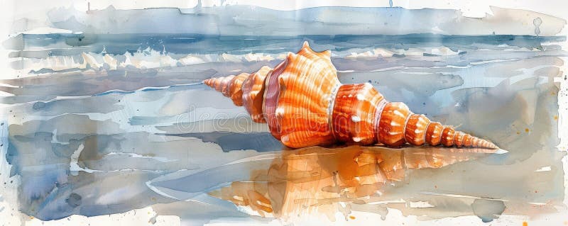 Conch Shell on a Sandy Beach with Ocean Waves in the Background Stock ...