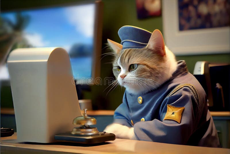 The Concierge Cat in Blue Work Clothes at the Hotel Reception is a ...