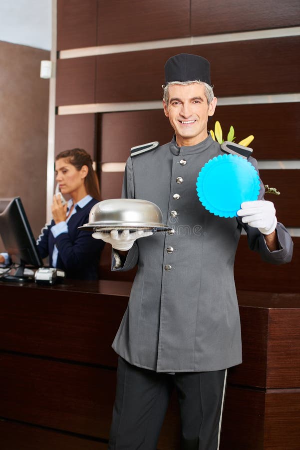Concierge in Hotel Holding Service Sign Stock Image - Image of service ...