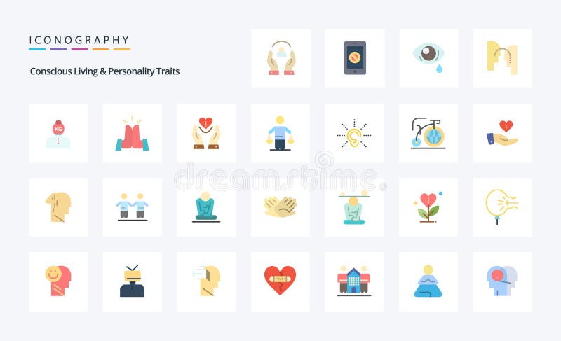 25 Concious Living and Personality Traits Flat Color Icon Pack Stock ...