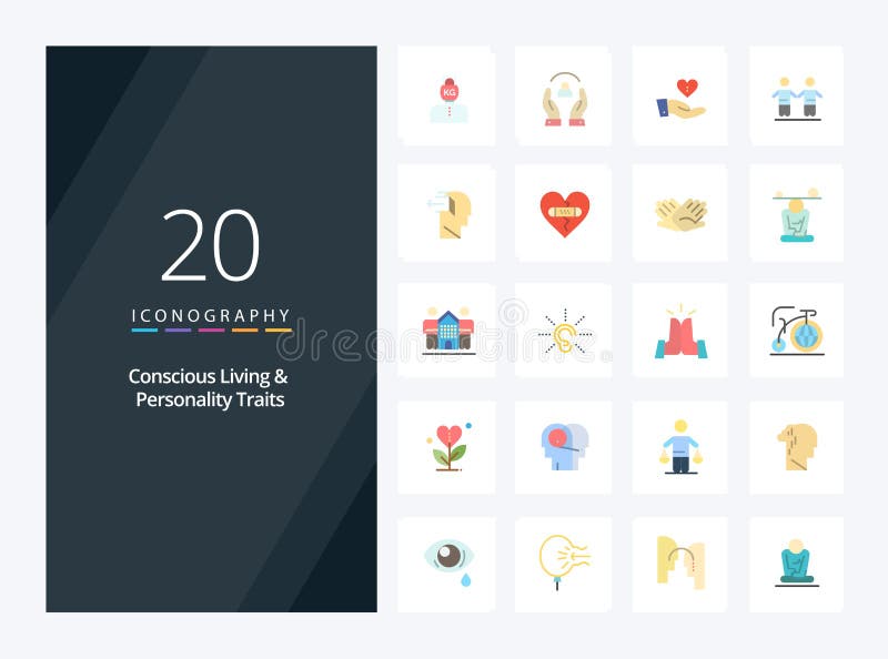 20 Concious Living and Personality Traits Flat Color Icon for ...