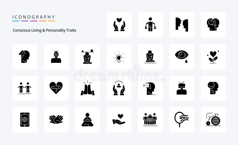 25 Concious Living and Personality Traits Solid Glyph Icon Pack Stock ...