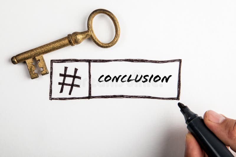 Conclusion Concept. Text and Gold Key on White Background Stock Image ...