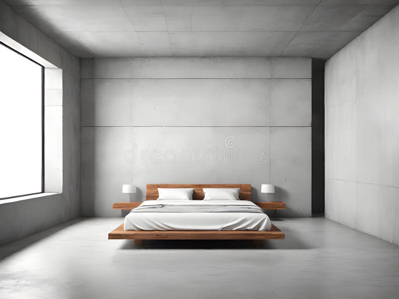 Concrete Bedroom with Double Bed and Wooden Floor. Interior Design ...