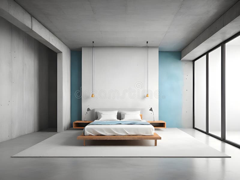 Concrete Bedroom with Double Bed and Wooden Floor. Interior Design ...