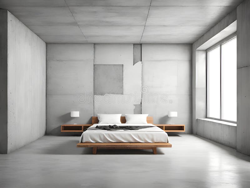 Concrete Bedroom with Double Bed and Wooden Floor. Interior Design ...