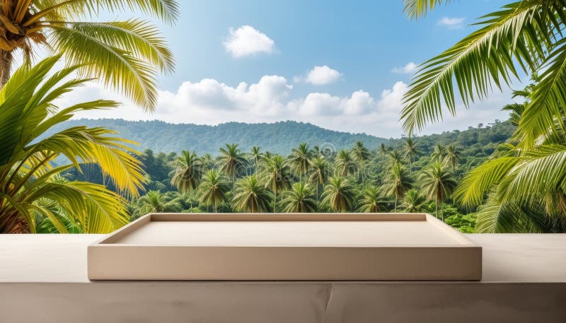 Beige Tabletop in Jungle Setting with Sky Background Stock Photo ...