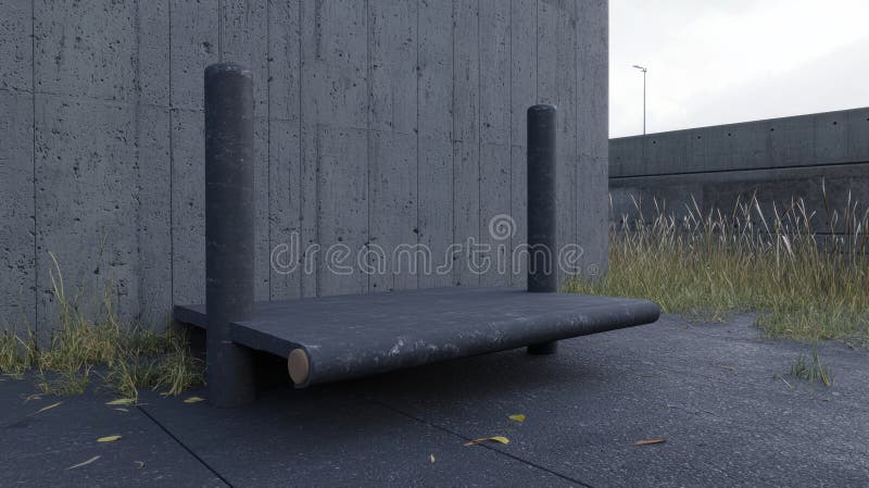 A Concrete Bench with Two Pillars and a Curved Seat Sits Against a ...