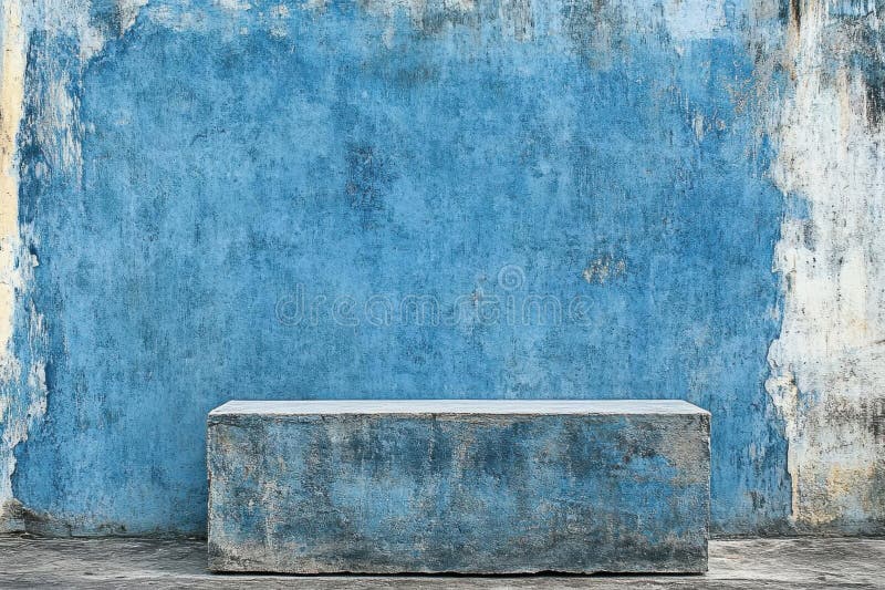 Concrete Block Sits before Weathered Blue Wall, Presenting Rough ...