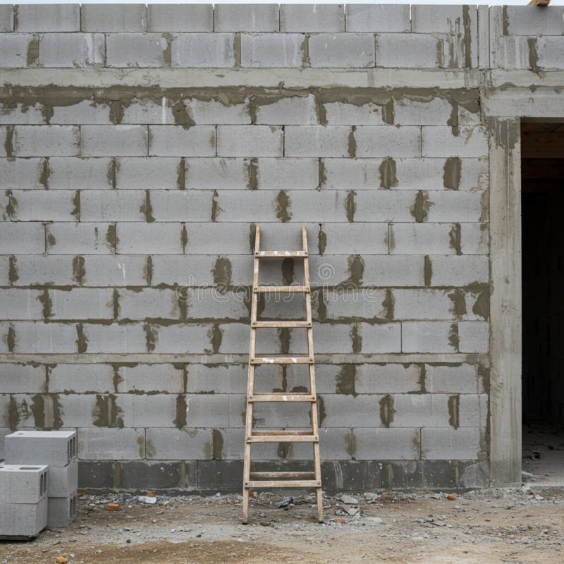 Concrete Block Wall Under Construction with a Wooden Ladder Leaning ...
