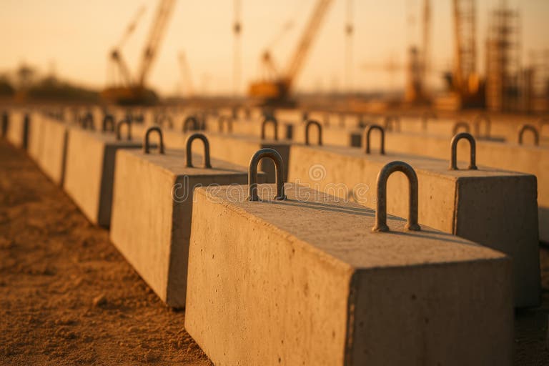 Concrete Blocks Arranged on Construction Site at Sunset with Cranes and ...
