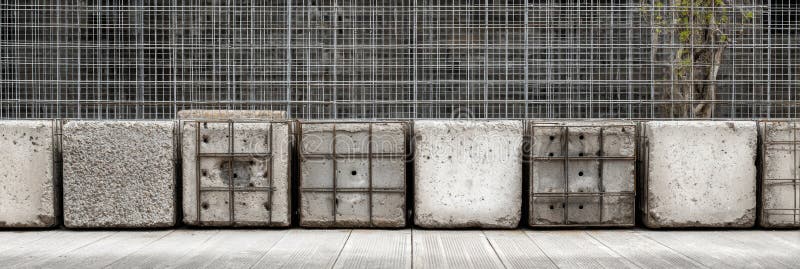 Concrete Blocks Arranged with Steel Mesh Backdrop in a Construction ...