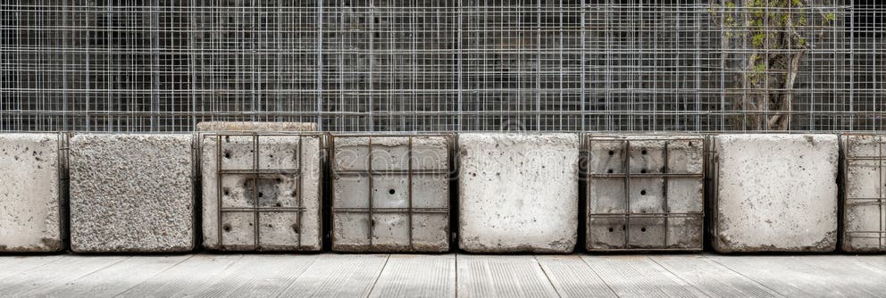 Concrete Blocks Arranged with Steel Mesh Backdrop in a Construction ...