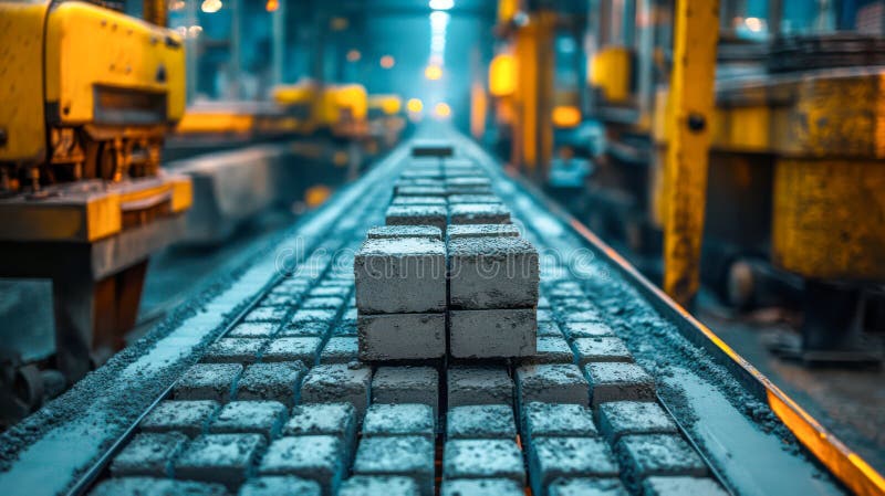 Concrete Blocks on Conveyor Belt in Industrial Factory Setting during ...