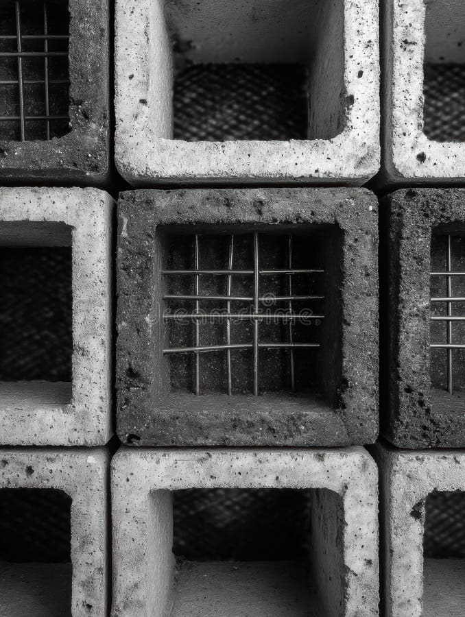 Concrete Blocks Arranged in a Grid with Steel Mesh Backdrop and Empty ...