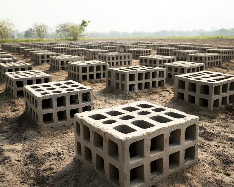 Concrete Blocks Drying in Sun Outdoor Construction Site Grey Sand Rows ...