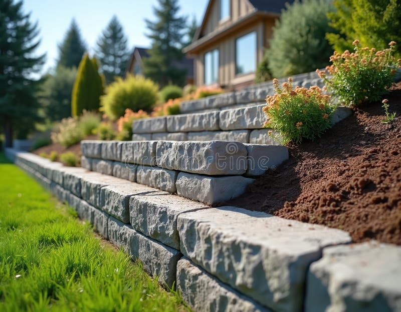 Concrete Blocks Form Sturdy Retaining Wall. Stabilizing Soil, Creating ...
