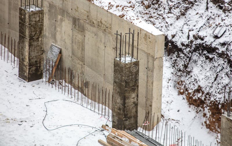 Concrete Blocks for the Foundation in the Snow in Winter at a ...