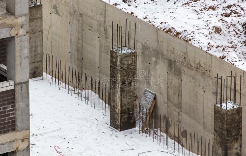 Concrete Blocks for the Foundation in the Snow in Winter at a ...