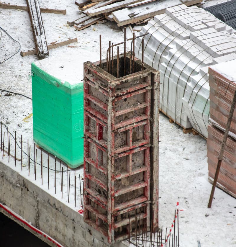 Concrete Blocks for the Foundation in the Snow in Winter at a ...