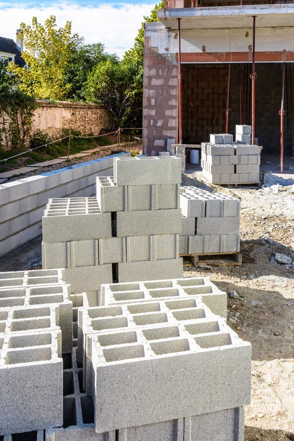 Concrete Blocks Stacked on Pallets Outdoors on a Construction Site ...