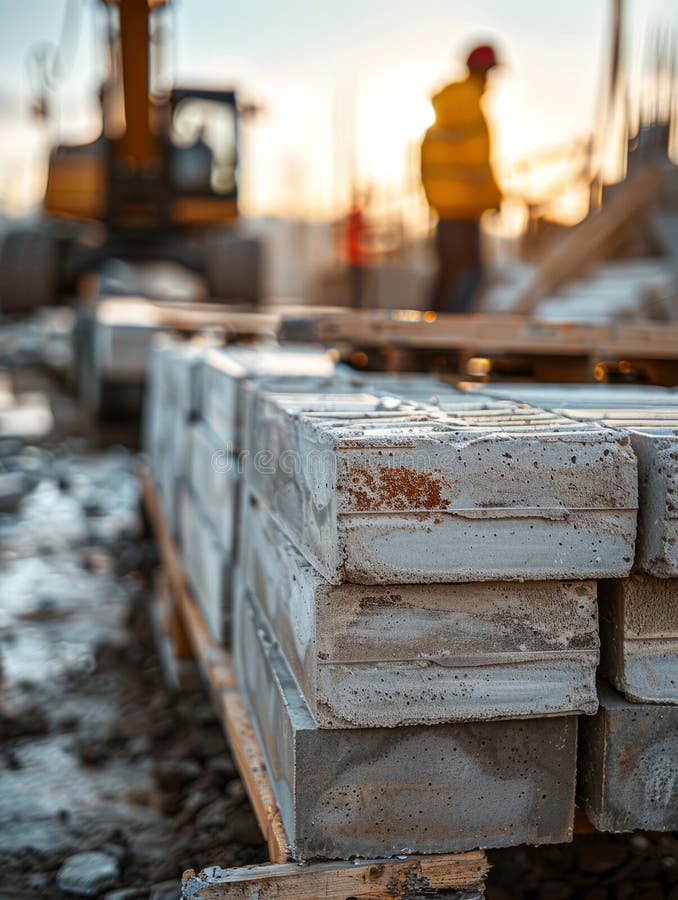 Concrete Blocks with Worker and Heavy Machinery in the Background ...