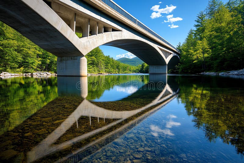 A Concrete Bridge Arches Over a Calm River, Reflecting the Sky and ...