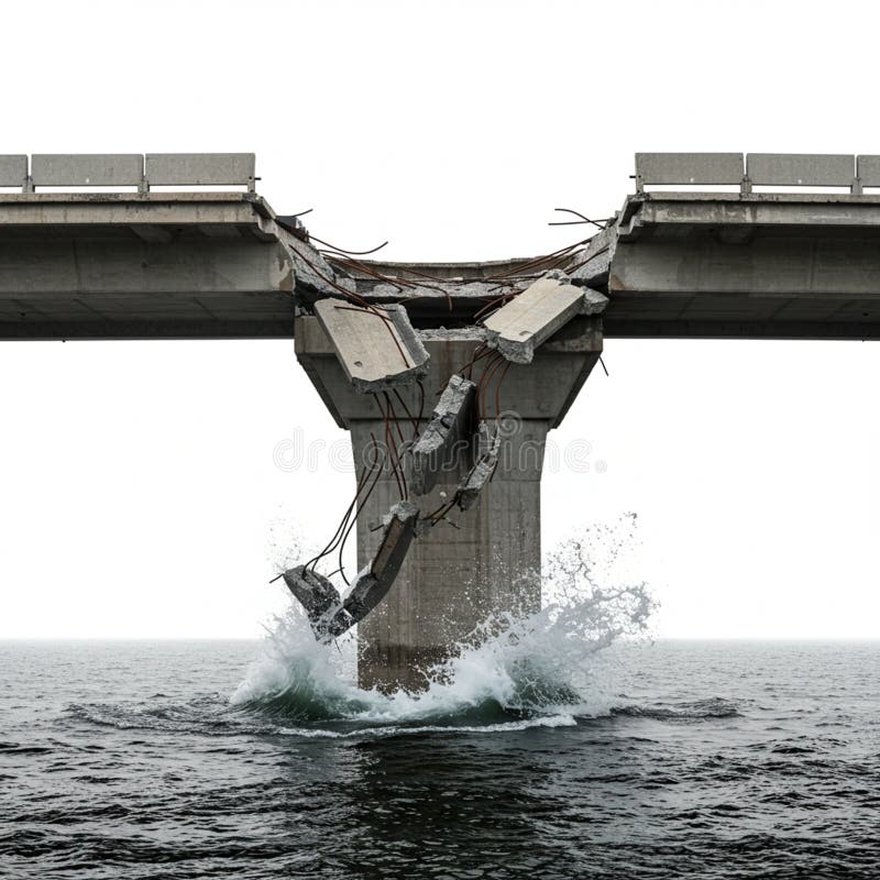 A Concrete Bridge is Broken, with Its Central Section Collapsing into ...