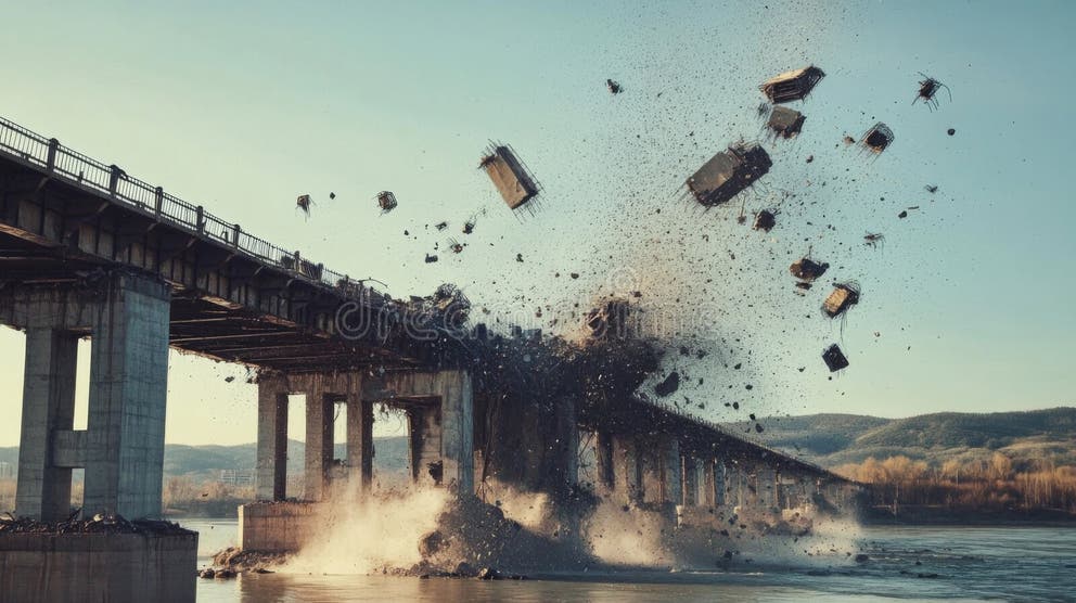 Concrete Bridge Collapsing into River with Debris Falling Stock ...