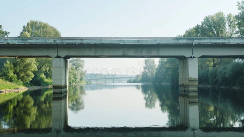 A Concrete Bridge Crossing Over a Calm River. the Sky is Bright Blue ...