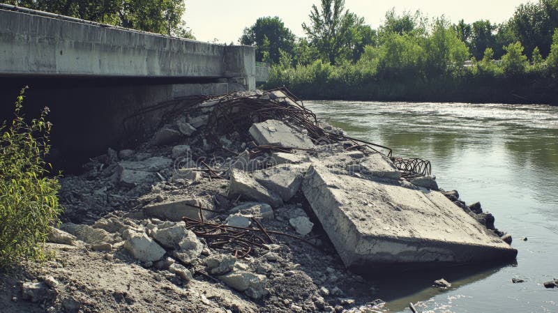 Concrete Bridge Debris Along a Riverbank Stock Illustration ...