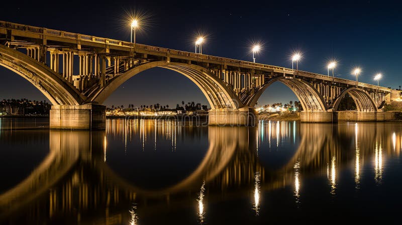 A Concrete Bridge with Multiple Arches Illuminated by Streetlights ...
