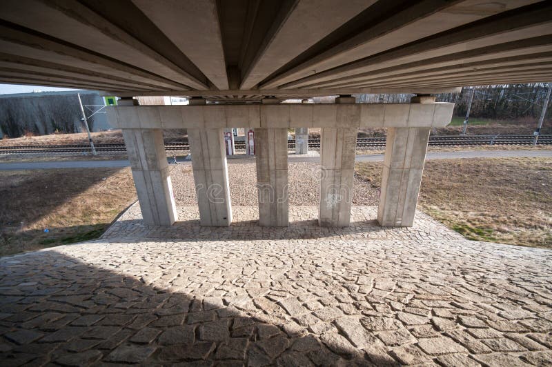 Train Underpass Under Concrete Highway Bridge Stock Photo - Image of ...
