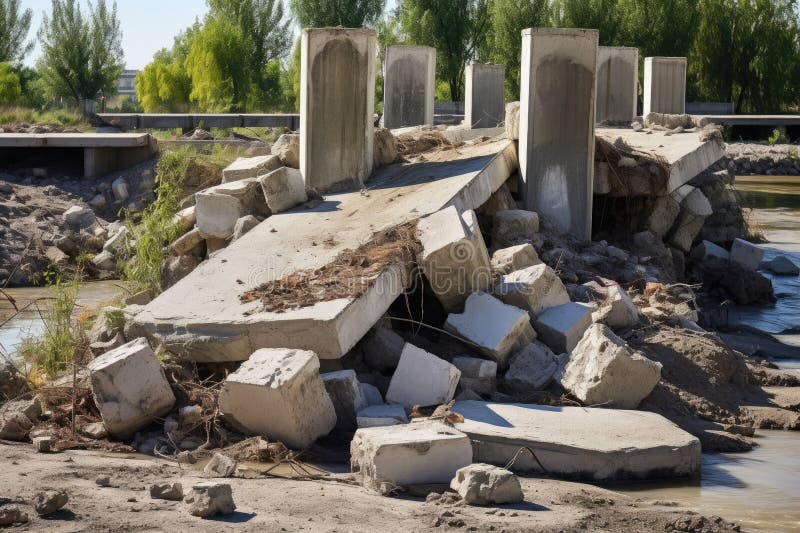Concrete Bridge Pillars Surrounded by Broken Slabs and Rubble Stock ...